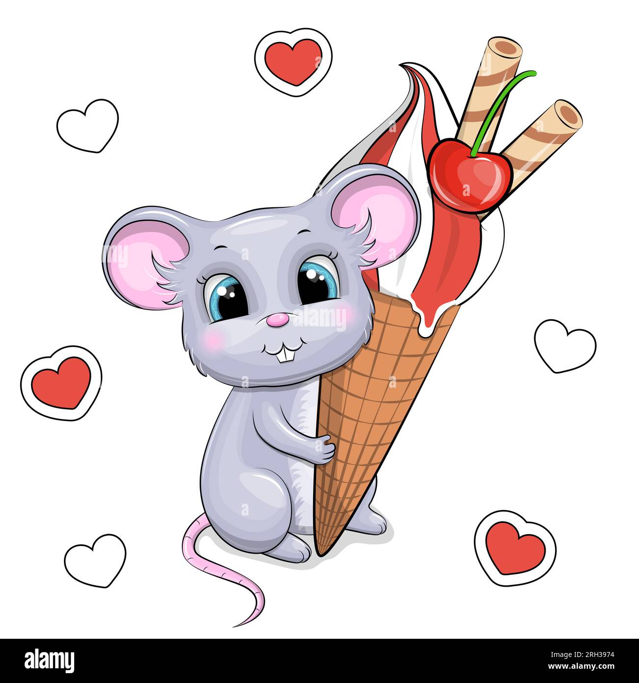 Cute cartoon gray mouse with big ice cream. Summer animal vector ...