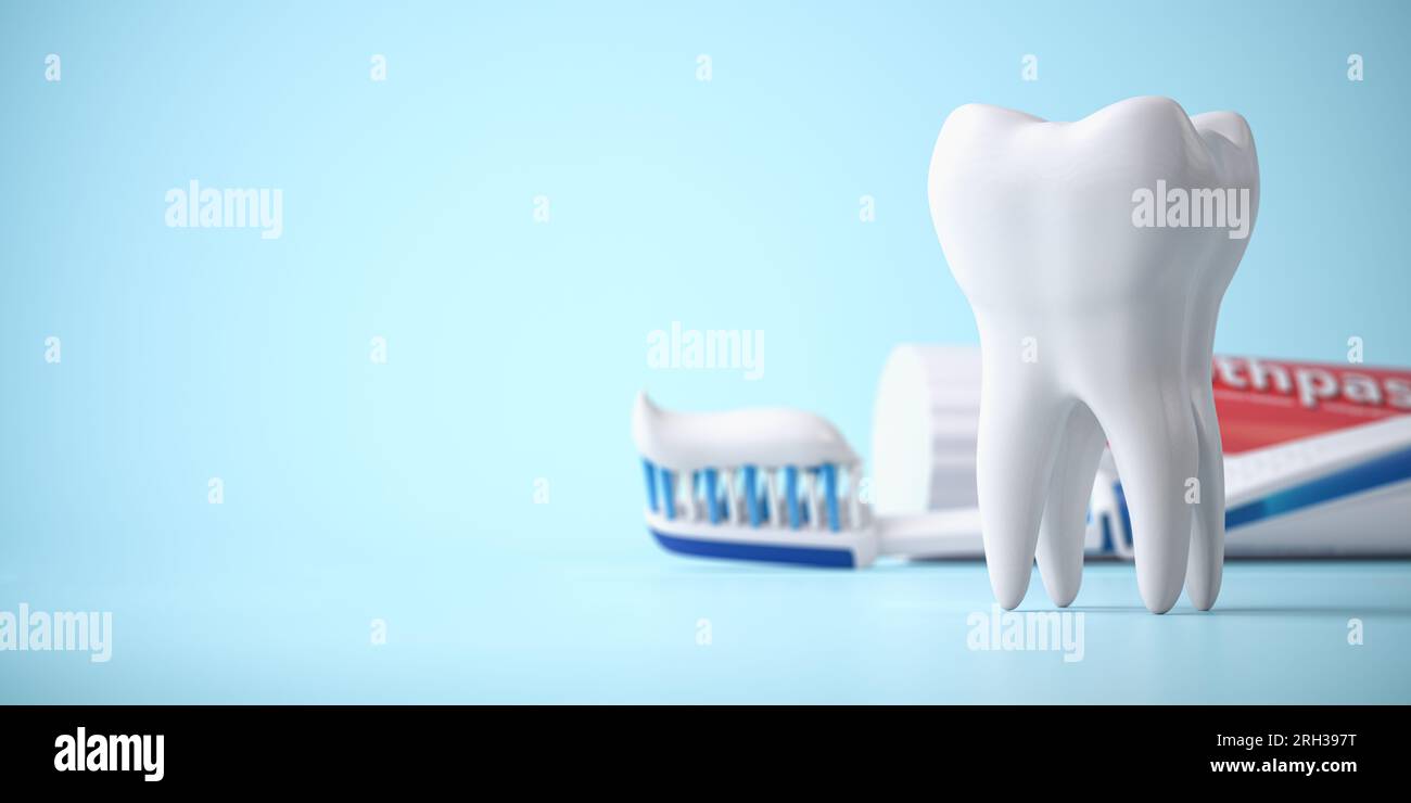 Tooth with tooth paste and toothbrush on blue background. Dental care ...