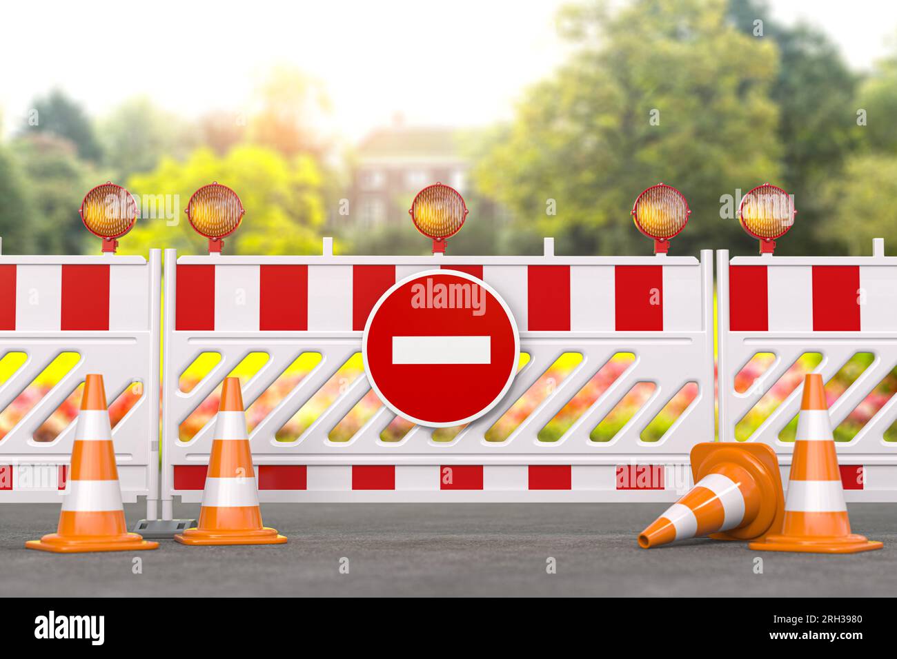 Under construction. Road barrier with trafic signs, cones and hard hat ...