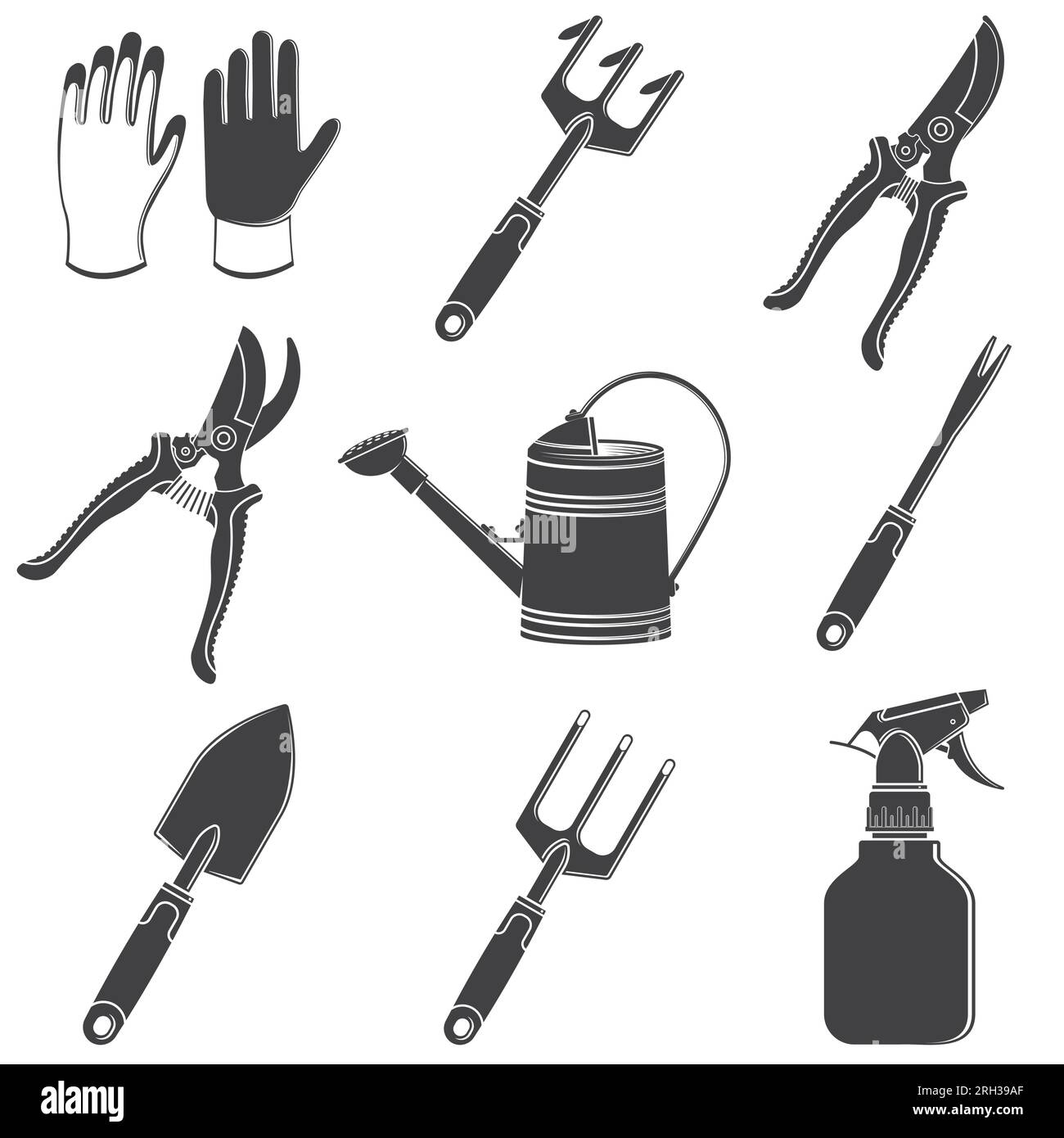Set of garden tools and accessories icon silhouettes. Vector ...