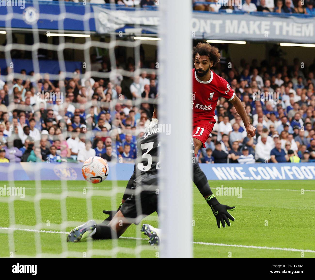 London, UK. 13th Aug, 2023. Mohamed Salah of Liverpool sees his goal ...