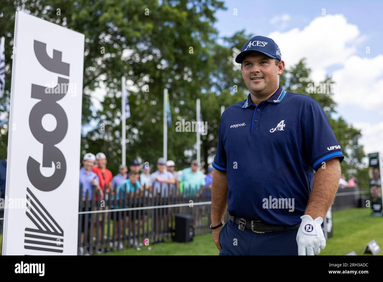 Patrick Reed of 4Aces GC looks on from the driving range before the ...