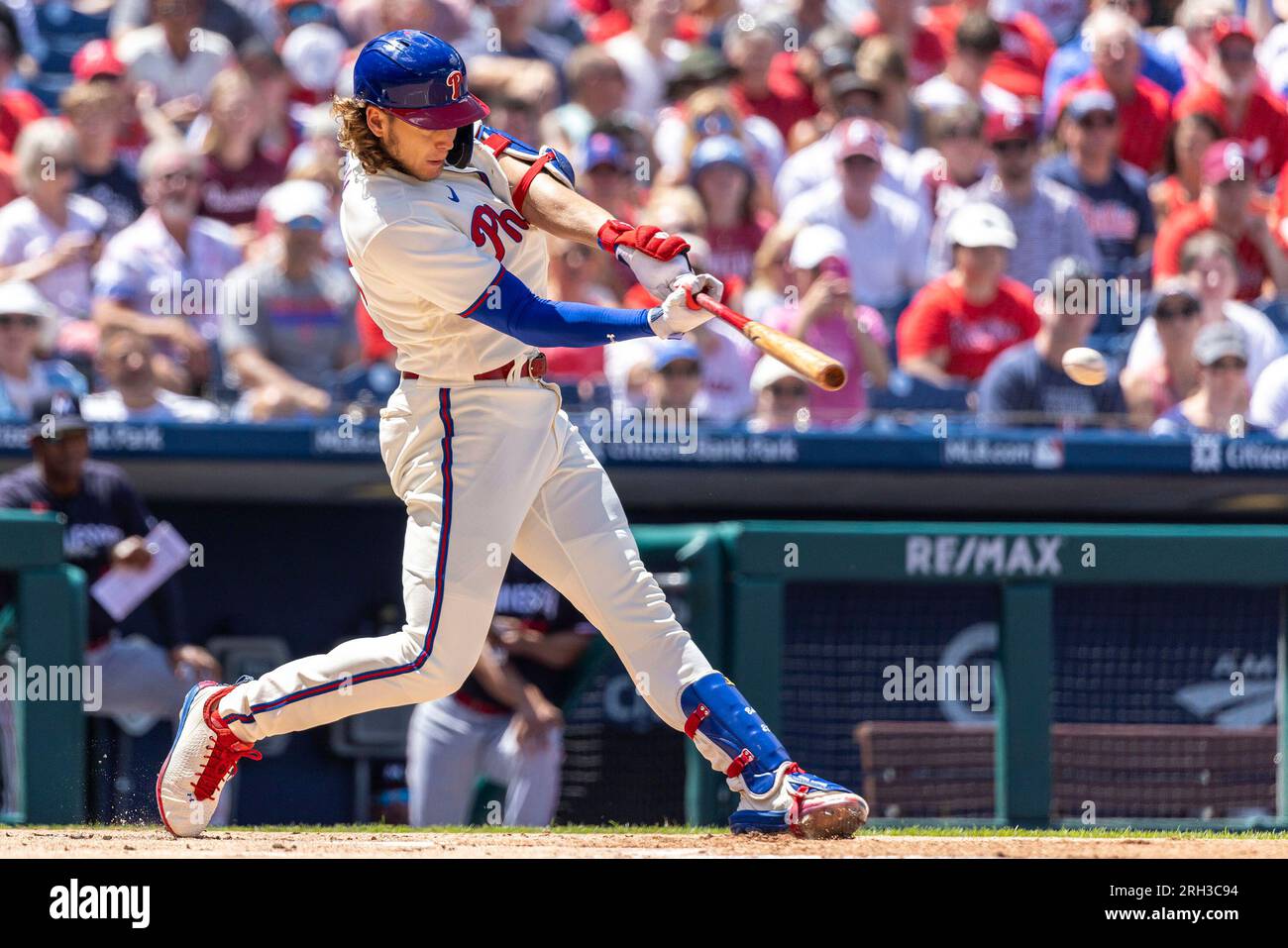 Philadelphia Phillies' Alec Bohm hits a single during the first inning ...