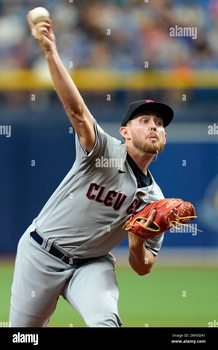 Cleveland Guardians' Tanner Bibee pitches to the Tampa Bay Rays during ...
