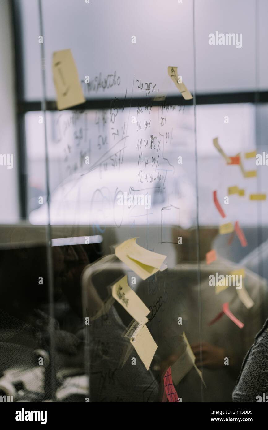 Sticky notes, ideas and calculations written on a glass wall in modern ...
