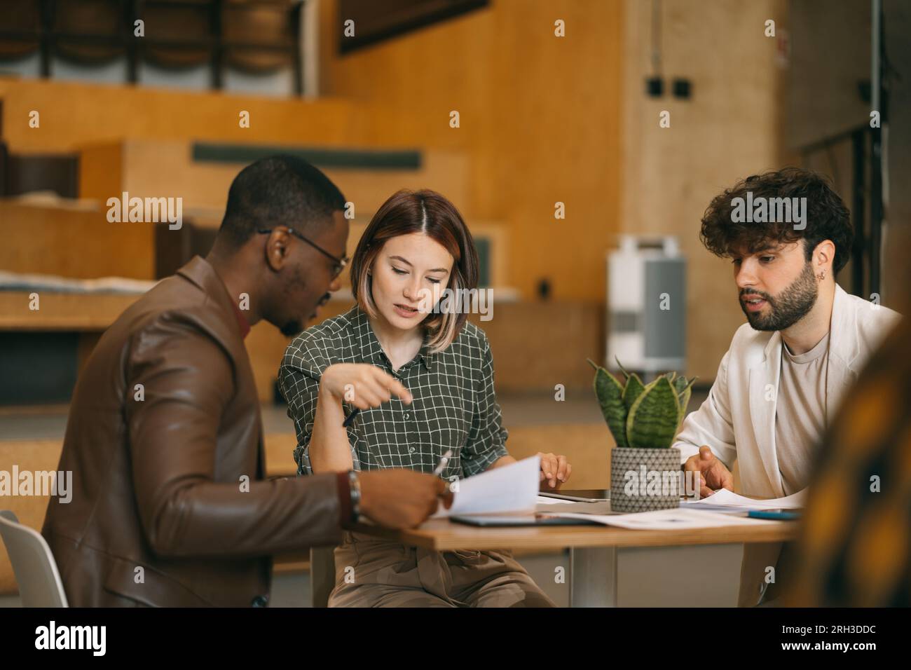 Caucasian business girl explaining something to her black colleague ...