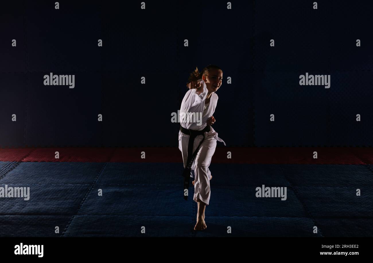 Silhouette of a teen girl doing the Yama tsuki pose at the karate ...