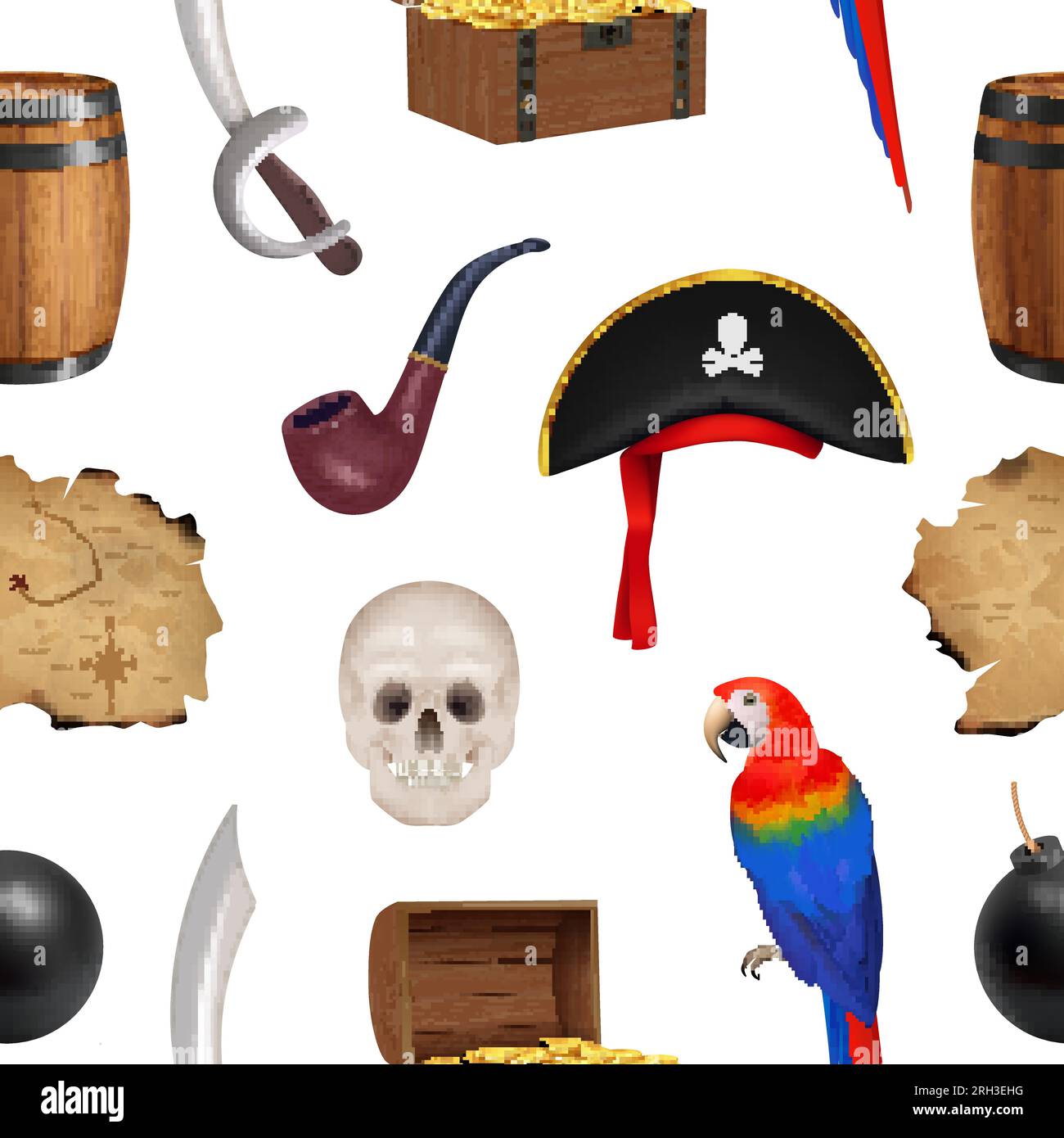 Pirate pattern. Corsair items old map skull and bones parrot pirate ...