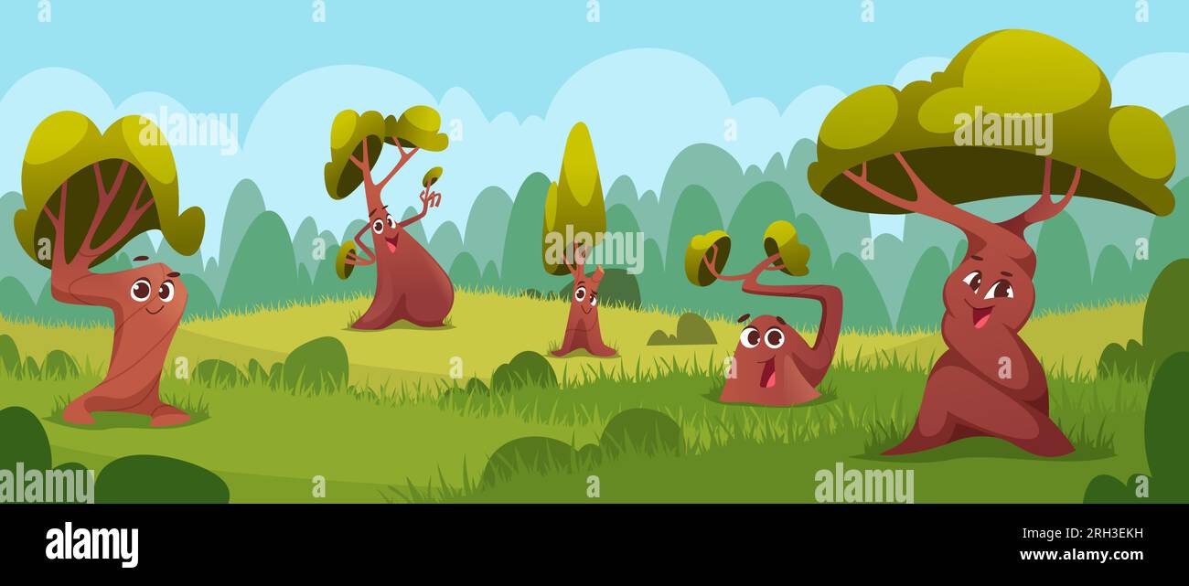 Fantasy tree background. Fairytale old tree with emotions exact vector ...