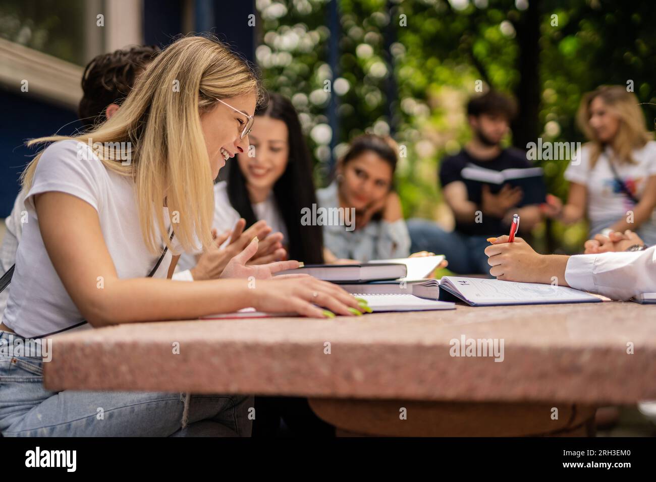 Students studying together sitting at table, discussing, working on a ...