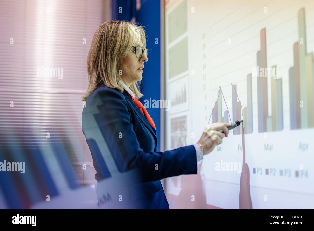 Well-dressed professor giving a lecture to her students about graphs ...