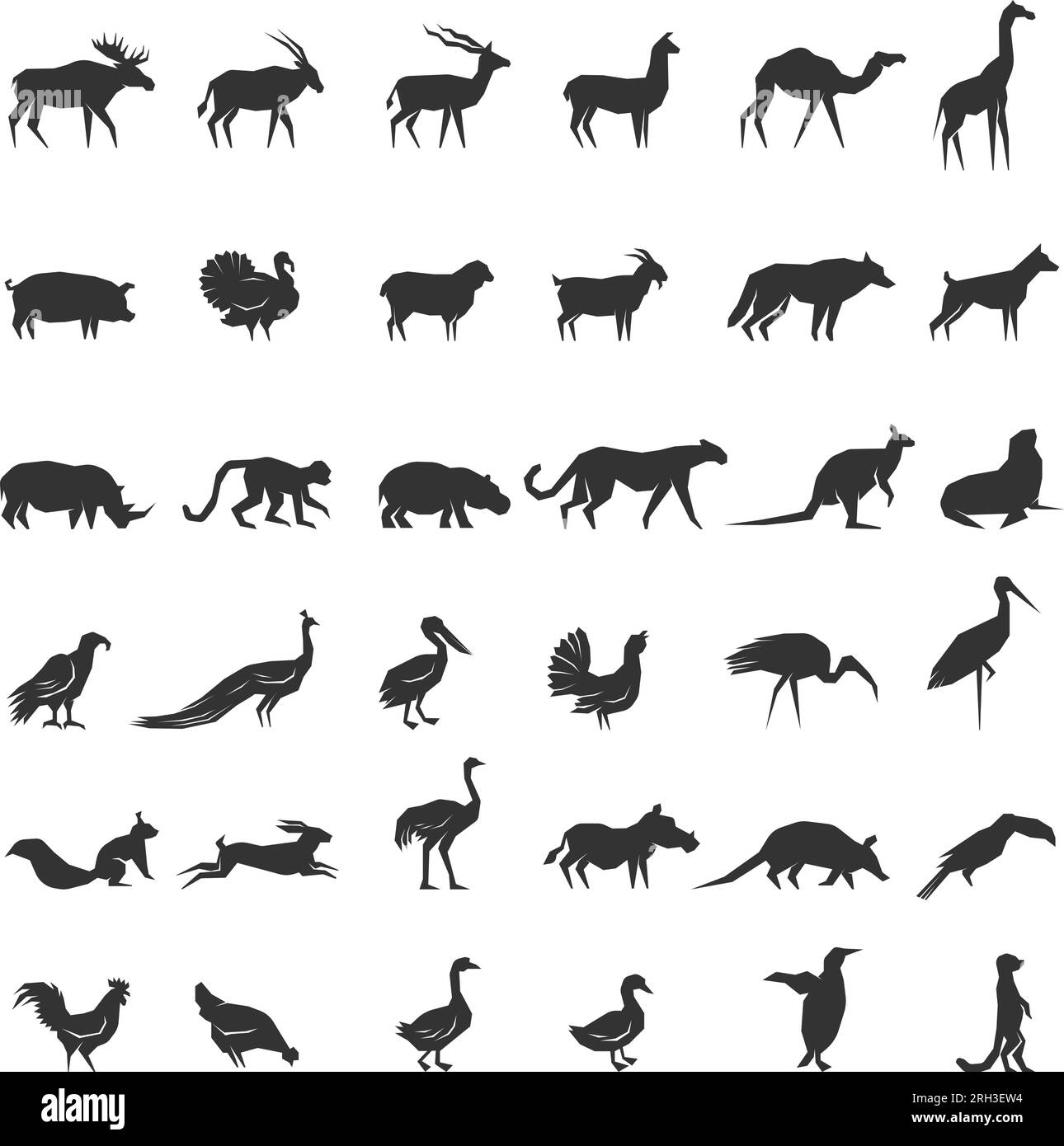 Animals. Different silhouettes of stylized wild and domestic monochrome ...