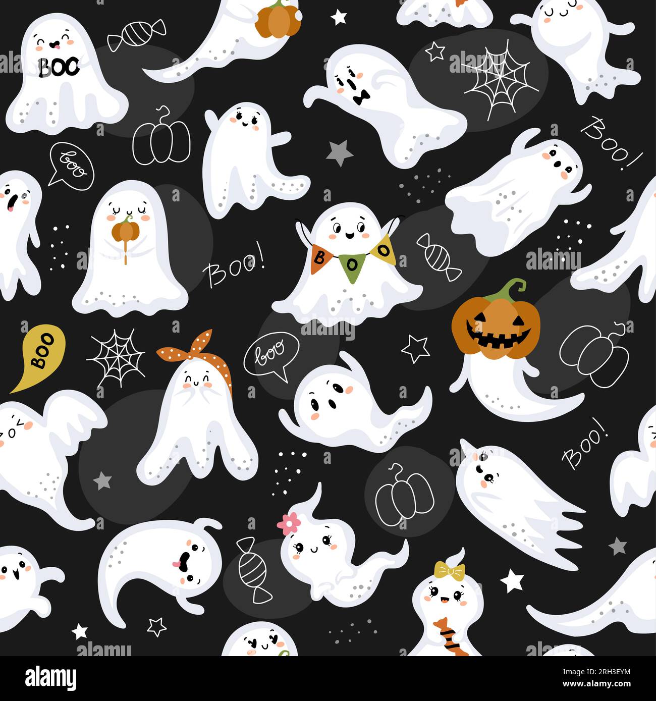 Ghosts pattern. Scary ghosts collection with emotions on seamless cartoon background recent ...