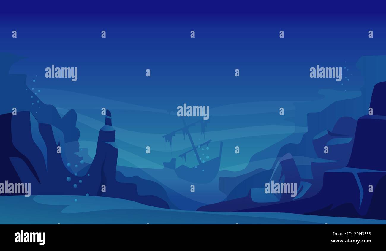 Graveyard of ships. ocean dark underwater landscape with damaged ships ...