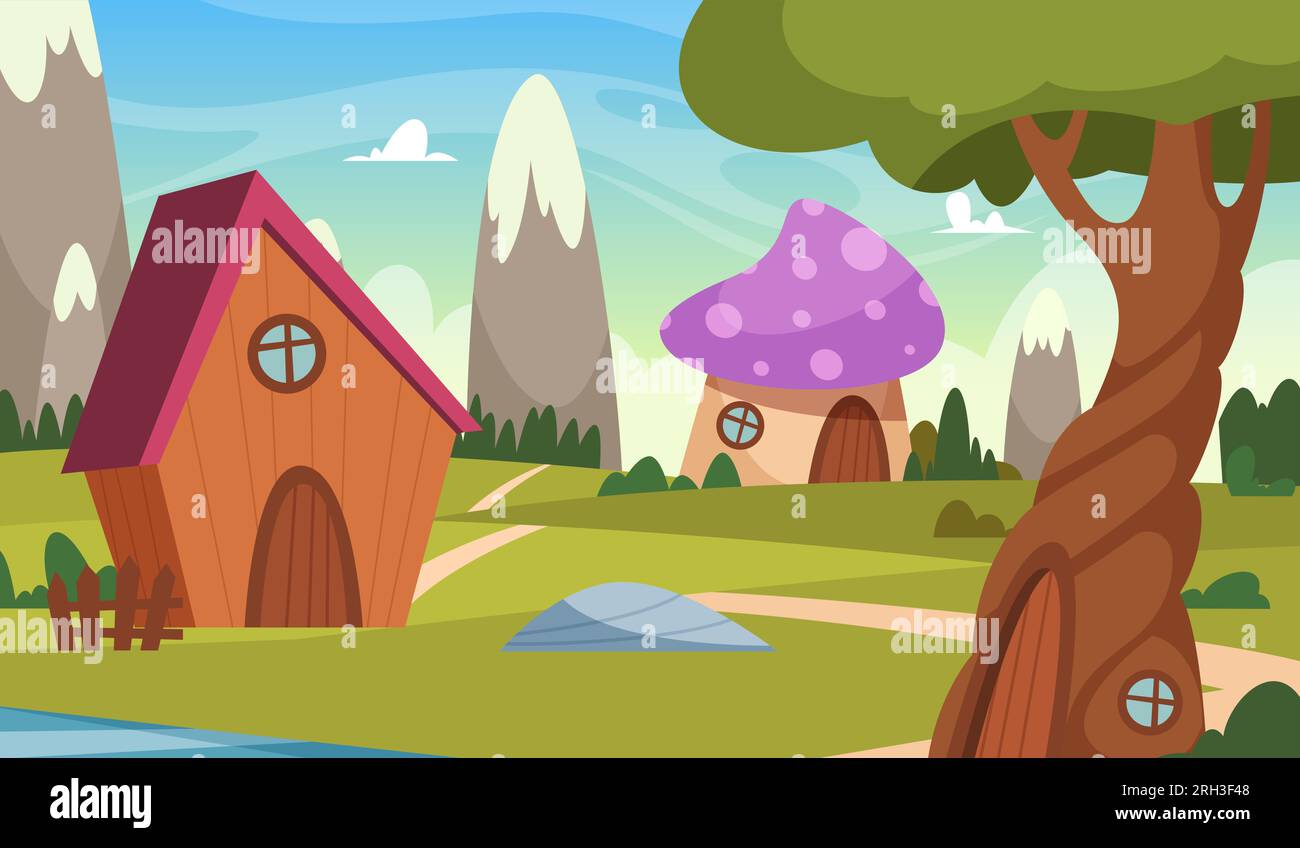 Fairytale background. outdoor fantasy landscape with cartoon houses for ...