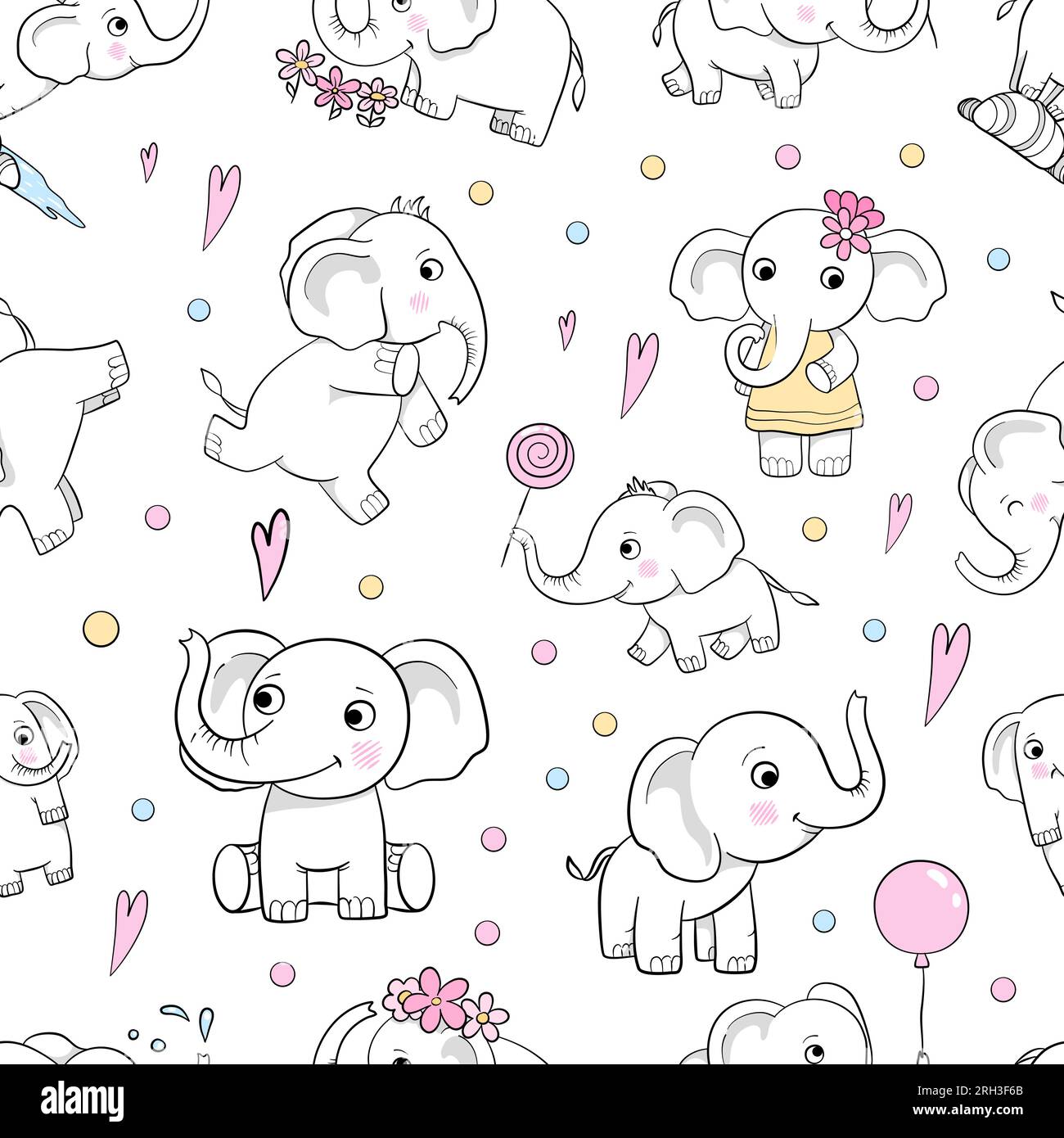 Little elephants pattern. cute wild animals in different poses ...