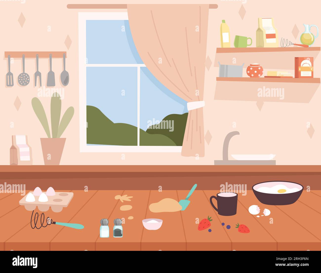 Kitchen interior. Cozy room with kitchen tools. Vector illustration ...