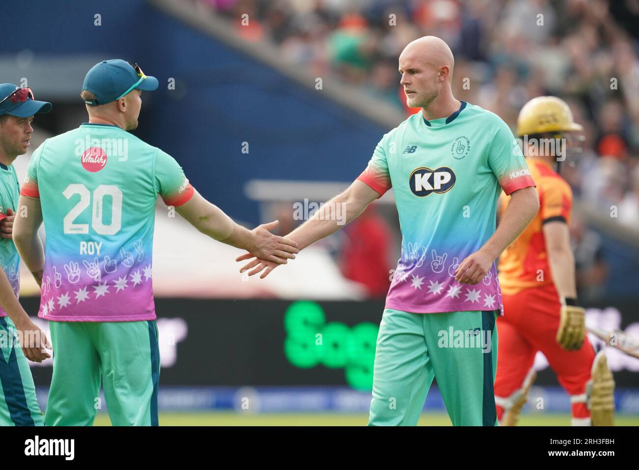 Oval Invincibles' Zak Chappell congratulates Jason Roy after taking the ...