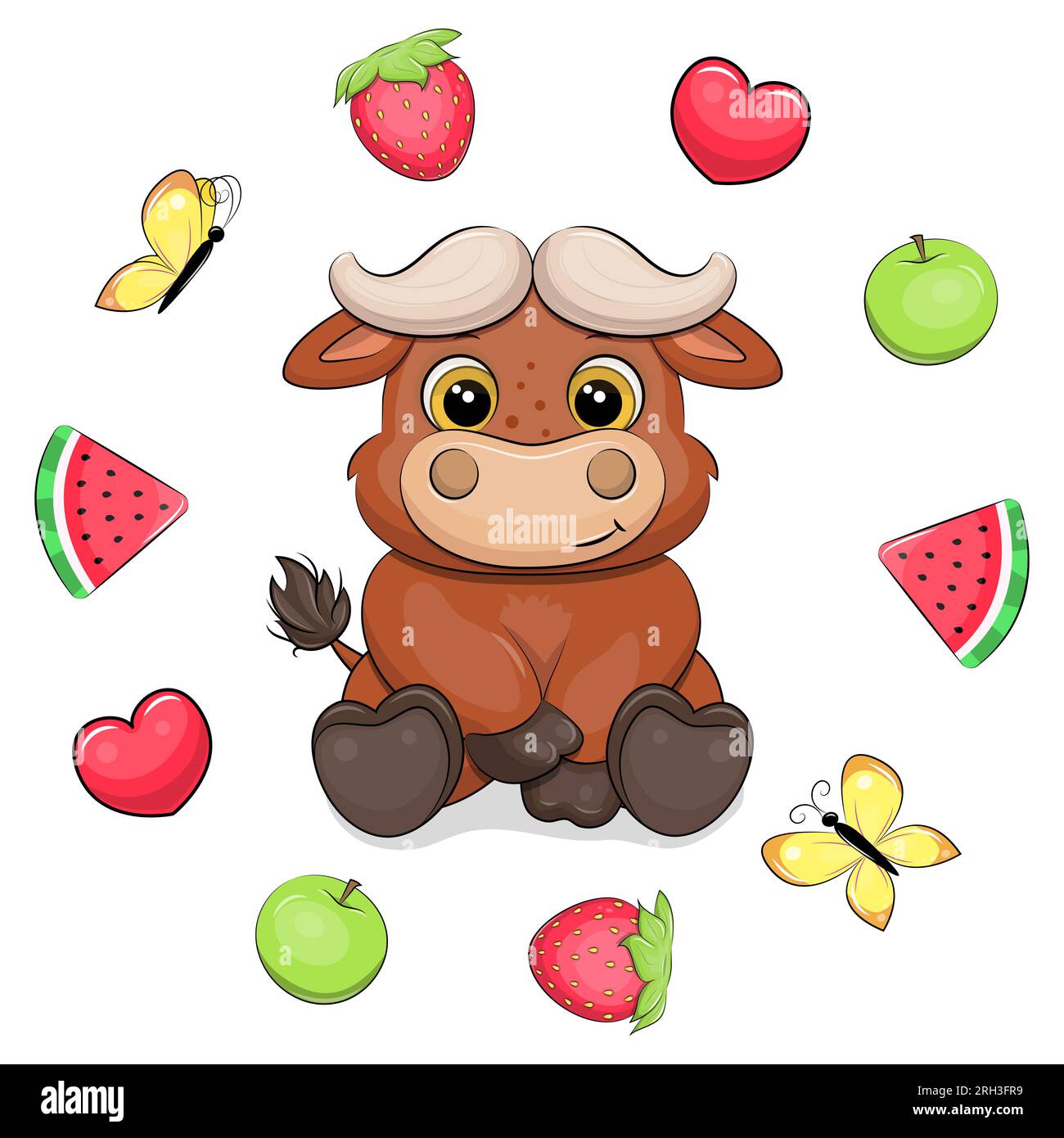 Cute cartoon buffalo in fruit frame. Vector illustration of an animal ...