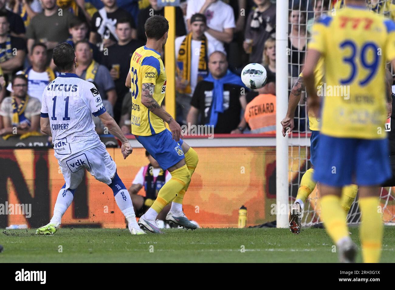 Westerlo, Belgium. 13th Aug, 2023. Gent's Hugo Cuypers scoring the 1-2 ...