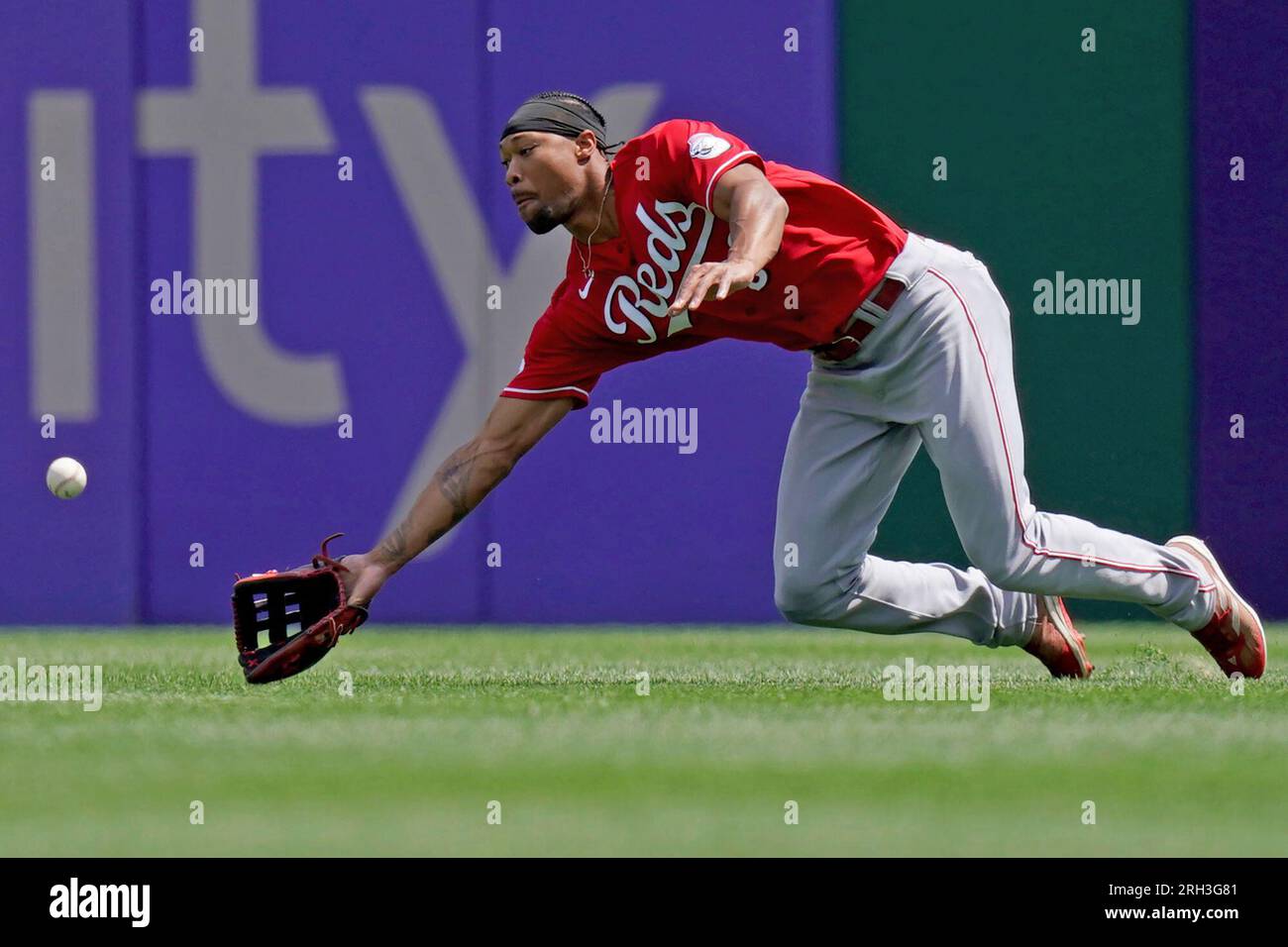 Cincinnati Reds right fielder Will Benson dives to pull in a line drive ...
