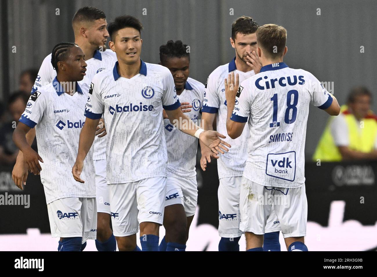 Westerlo, Belgium. 13th Aug, 2023. Gent's Hugo Cuypers celebrates after ...