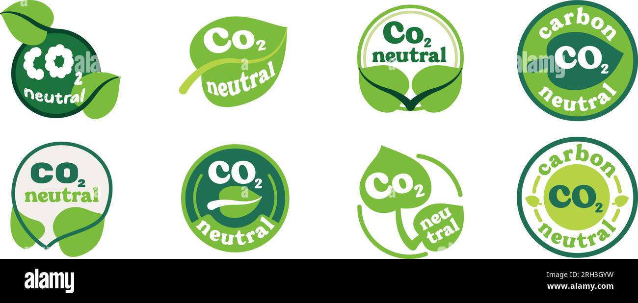 co2 neutral green logo set with leaves. Eco friendly sigh, carbon ...