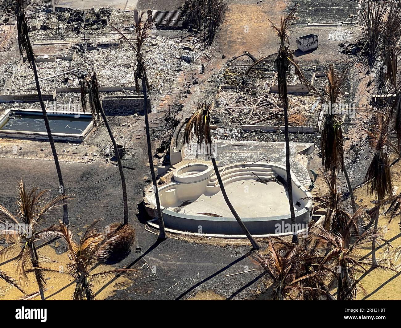 Aerial photograph of Lahaina, Hawaii after the catastrophic wildfires ...