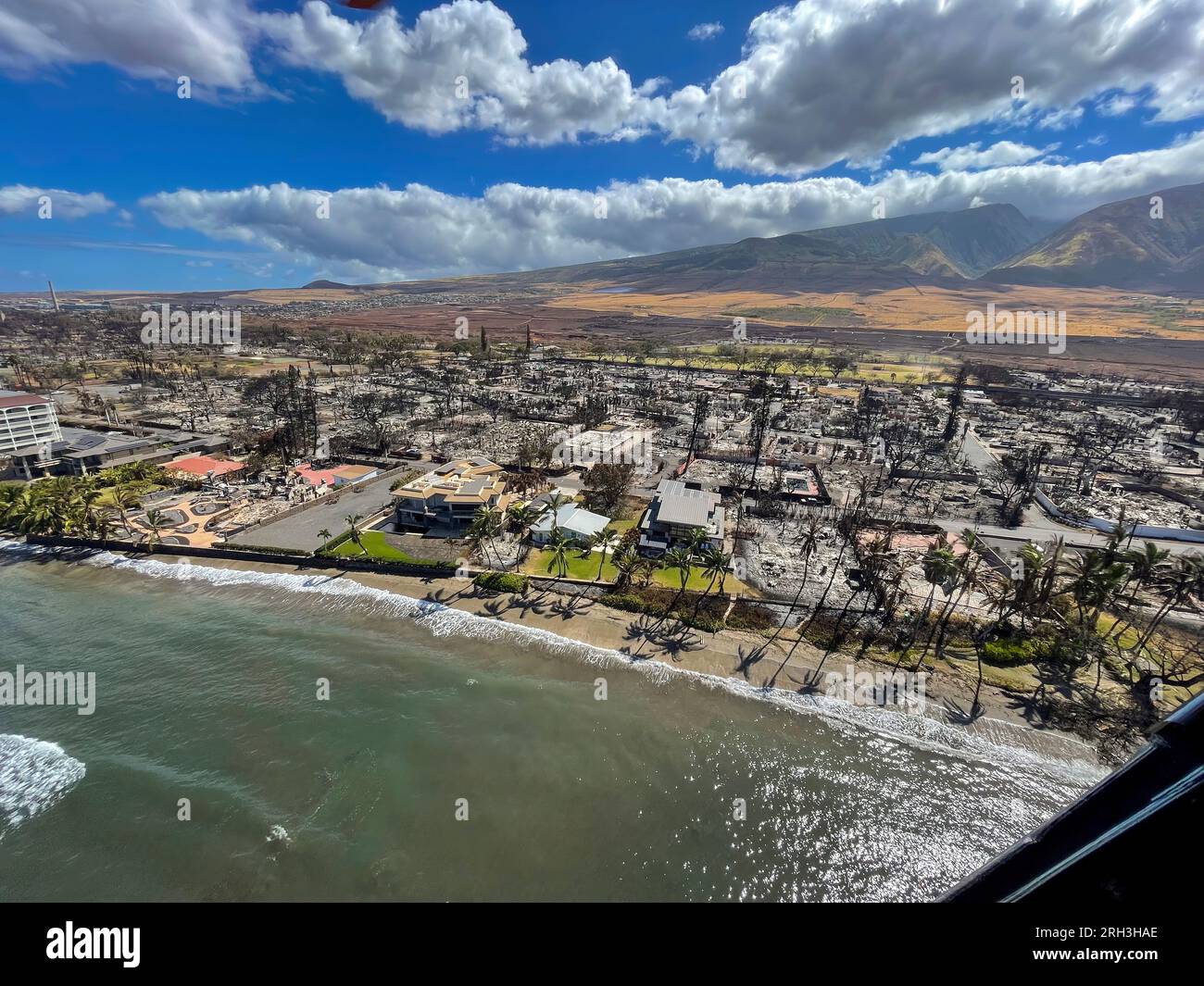 Aerial photograph of Lahaina, Hawaii after the catastrophic wildfires ...