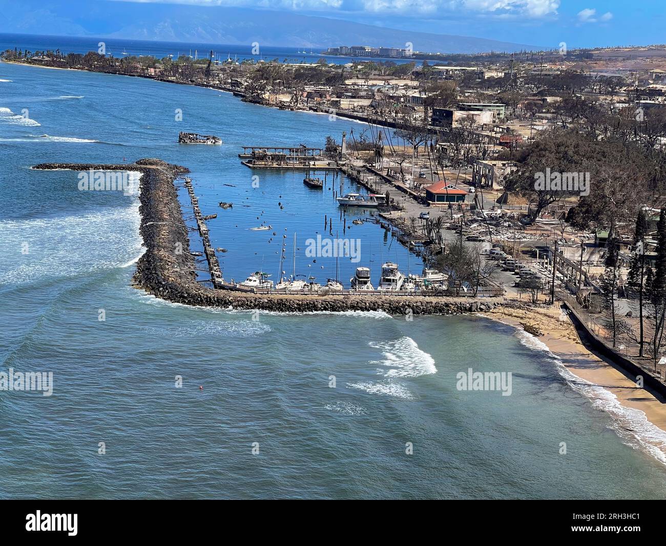 Aerial photograph of Lahaina, Hawaii after the catastrophic wildfires ...