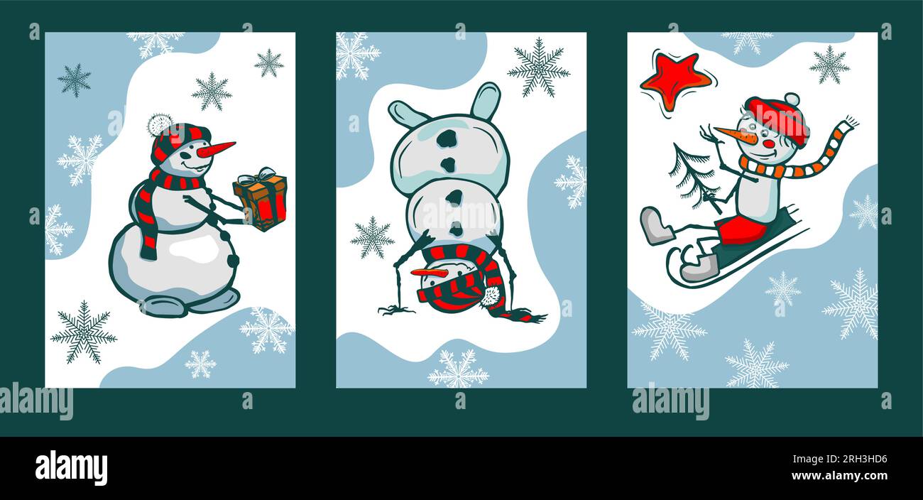 Set of postcards with funny snowmen. Merry christmas and happy new year ...