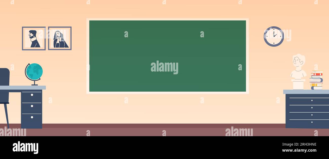 Classroom interior, empty school room with chalkboard and teacher table ...