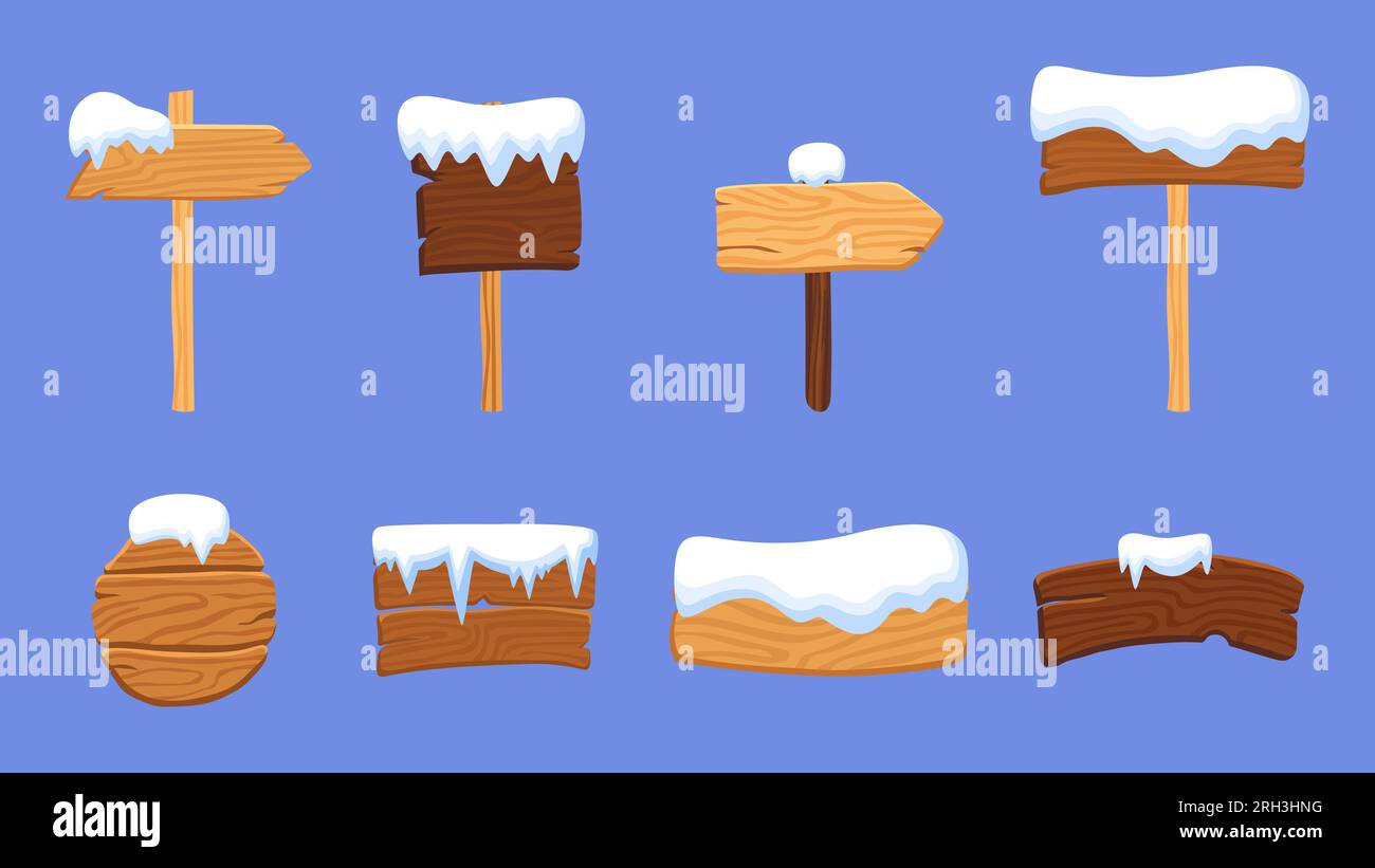Wooden signs and snow caps. Winter wood arrows, banners and symbols ...