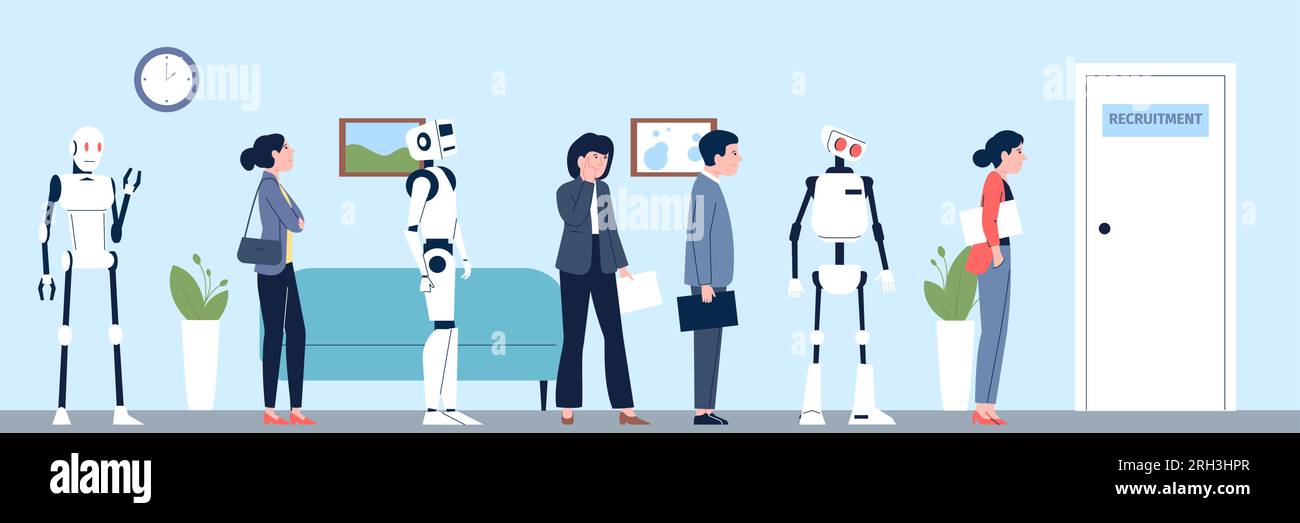 Robot and people waiting job interview in office. Robots vs human ...