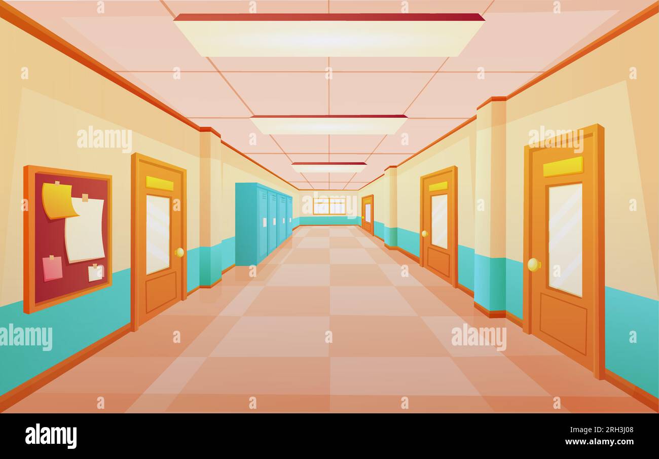Cartoon school hallway, halls or corridor perspective graphic art. Inside college building ...