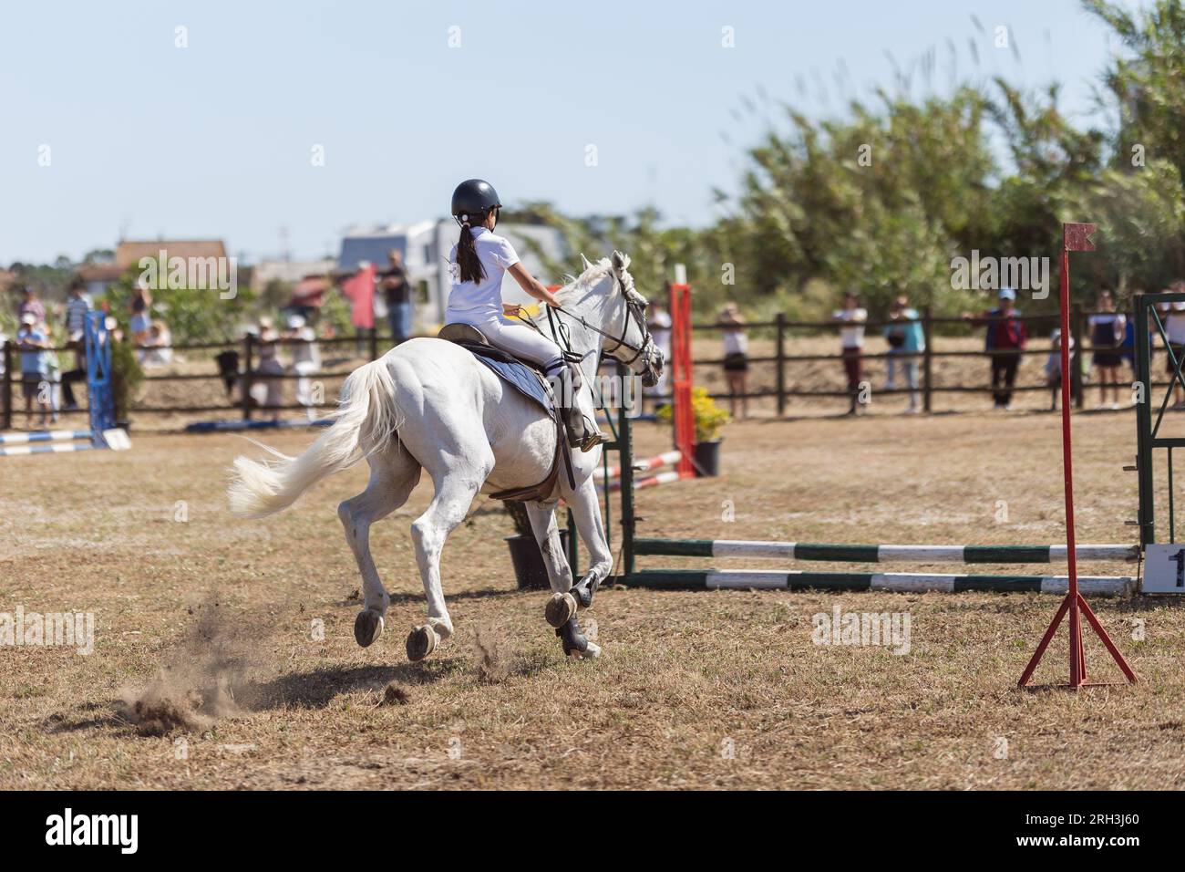 Equestrian sport - a little girl in uniform riding white horse at the ...