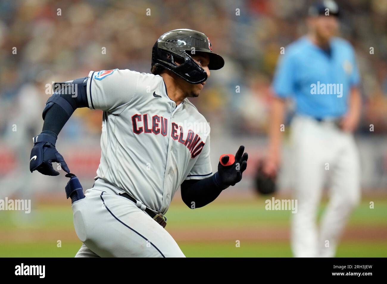 Cleveland Guardians' Bo Naylor runs the bases after his double off ...