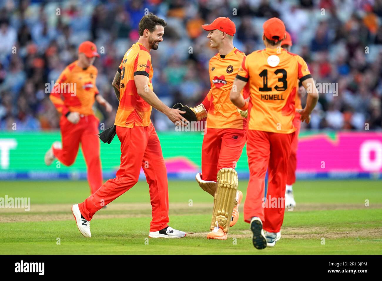 Birmingham Phoenix's Kane Richardson (left) celebrates the wicket of ...