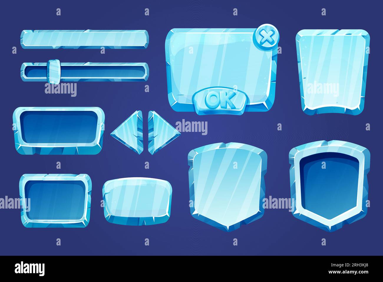 Set game menu assets ice buttons, interface elements 2d in cartoon style isolated. Blocks ...