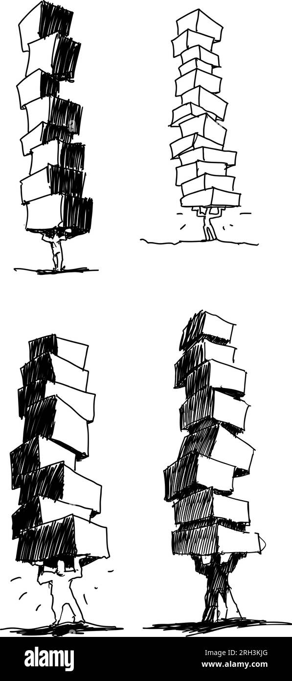 four hand drawn sketches of man holding and carrying a lots of crates ...