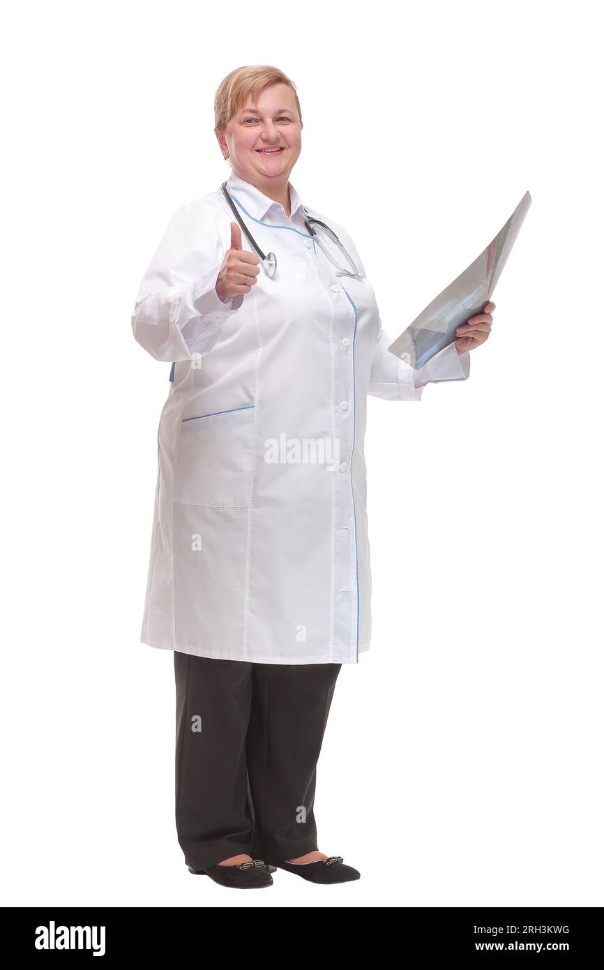Side view of medical doctor examing x-ray image. Isolated over white ...