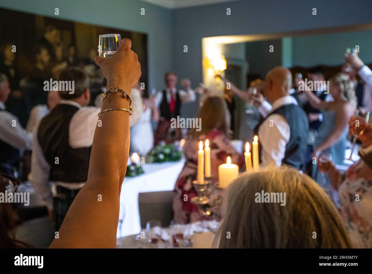 Wedding guests raising glasses and toasting during wedding breakfast ...