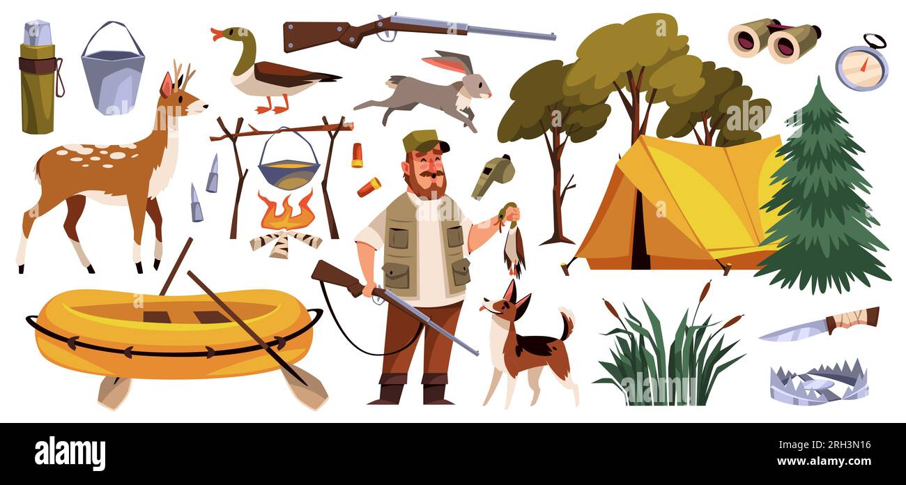 Cartoon hunter character with equipment. Funny man with a hunting dog ...