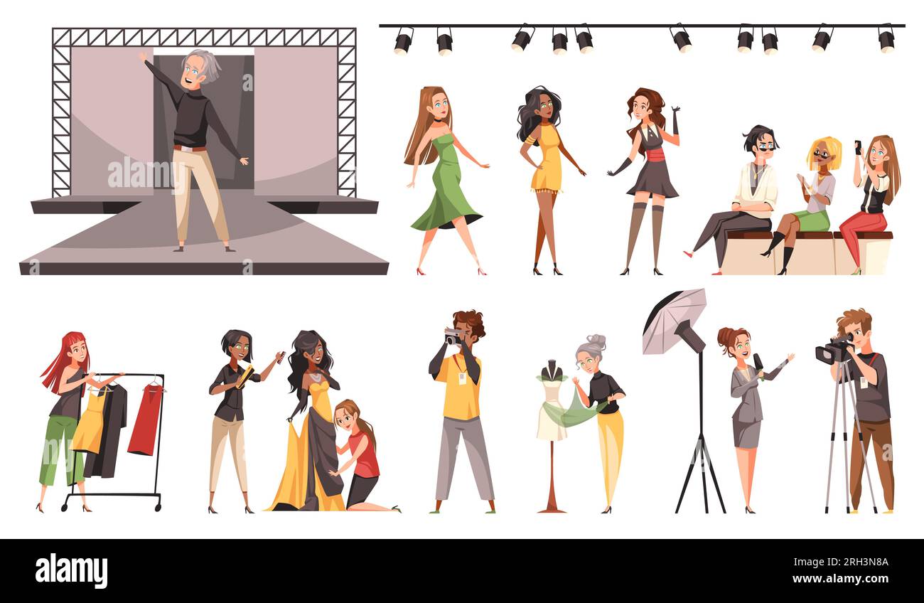 Fashion industry people. Cartoon designer goes to podium, models defile ...