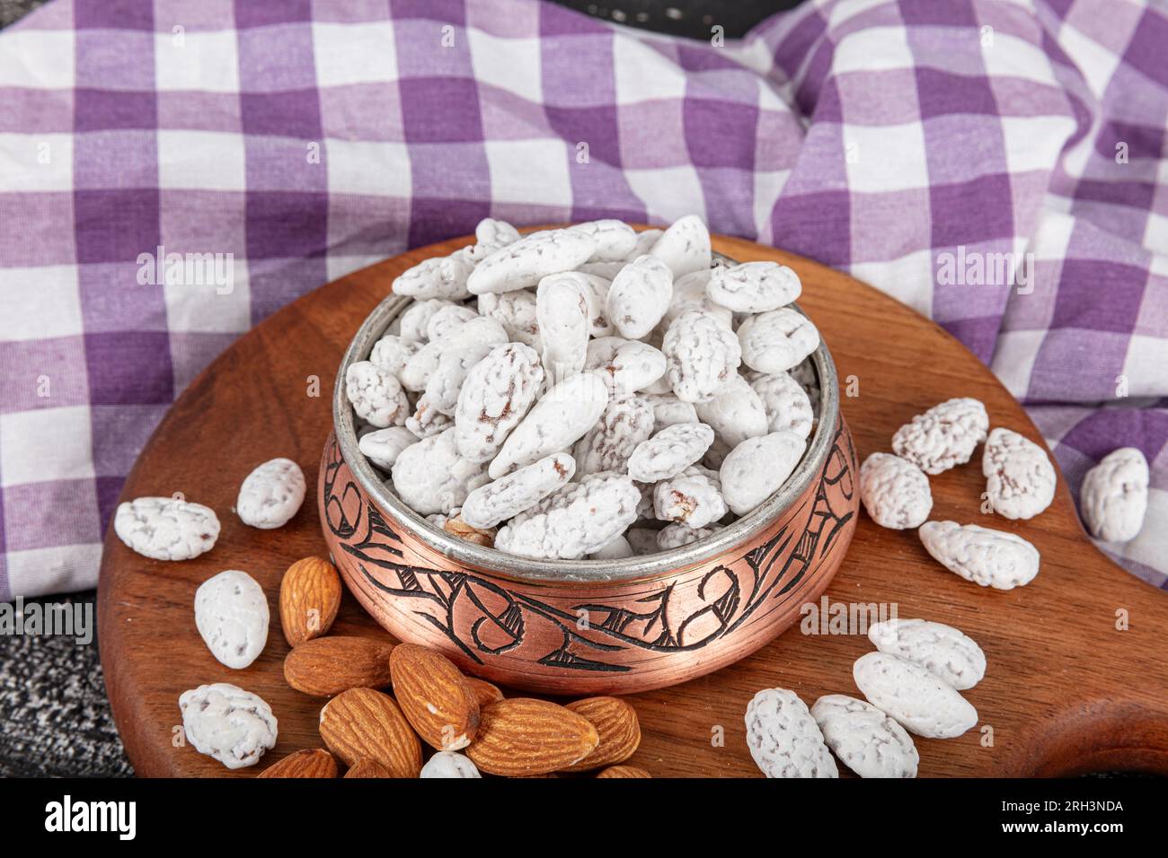 Multi colored sugared almonds. Turkish Badem Sekeri, almond, top view ...