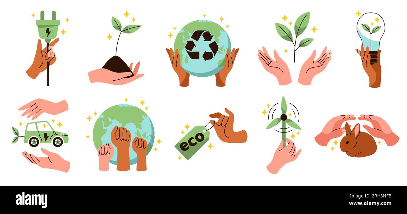 Save planet hands. Cartoon human hands hold different ecological ...