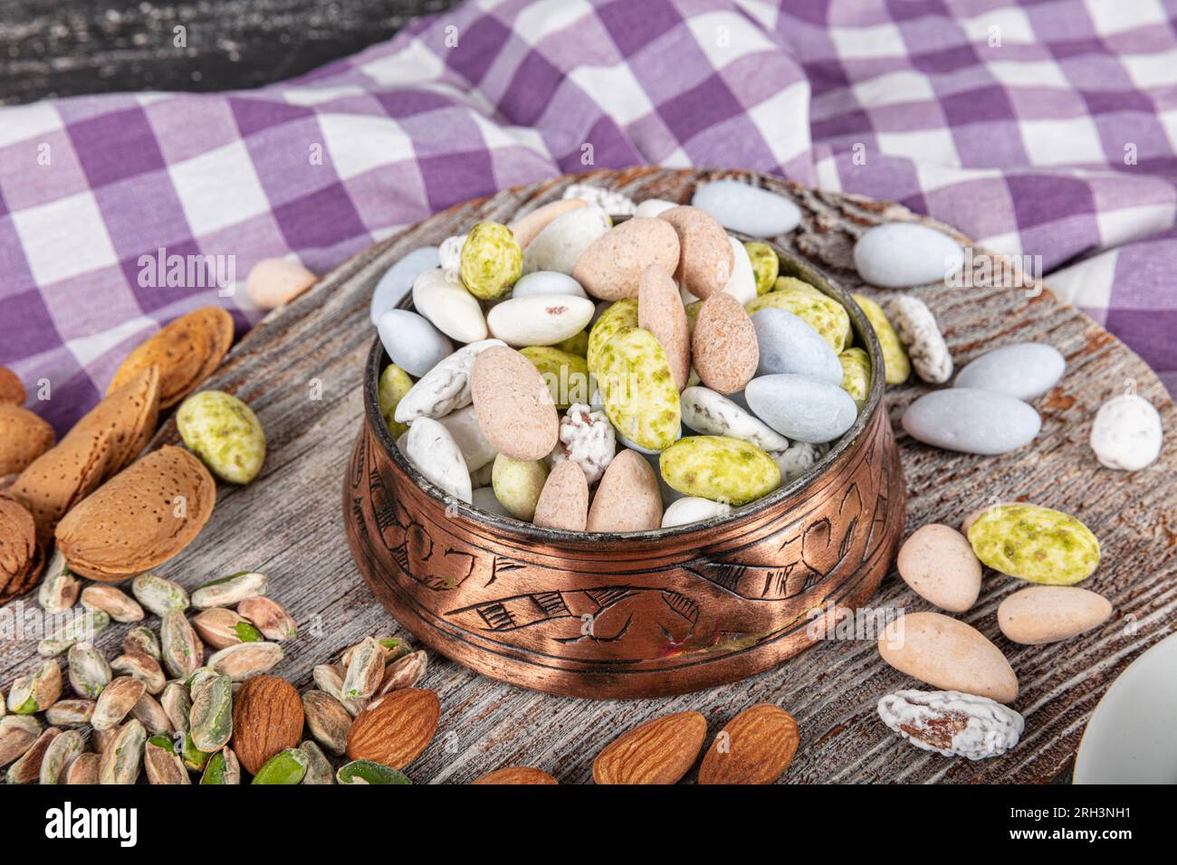 Multi colored sugared almonds. Turkish Badem Sekeri, almond, top view ...