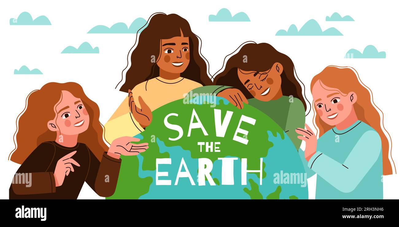 Save planet people. Cute girls embracing earth, ecologic help and ...