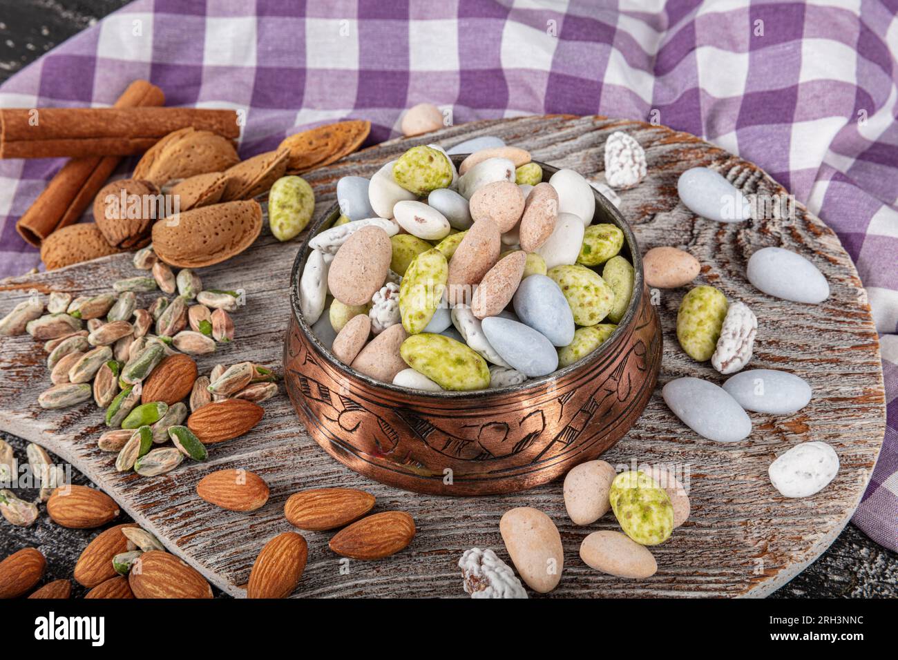 Multi colored sugared almonds. Turkish Badem Sekeri, almond, top view ...