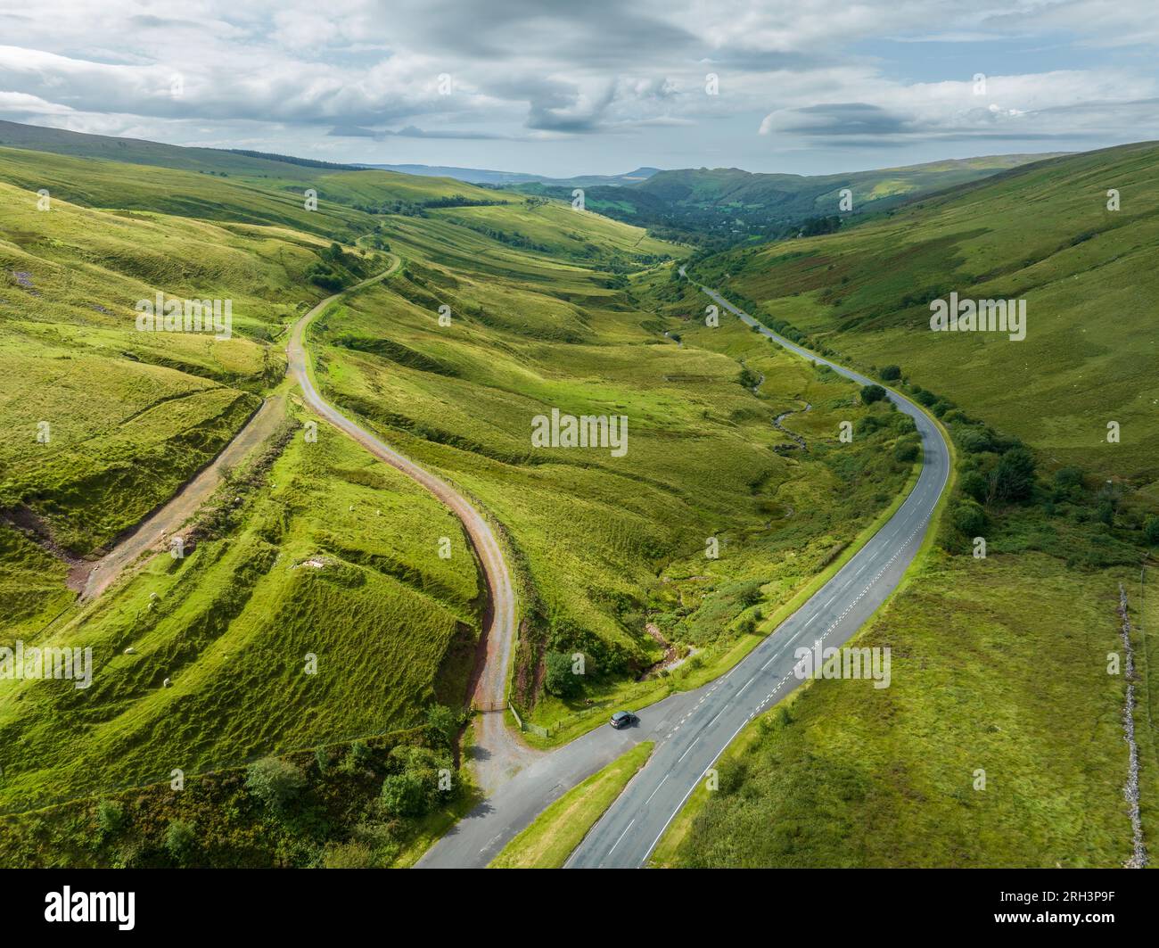 Aerial view of the A4067 in the Upper Swansea Valley heading towards ...